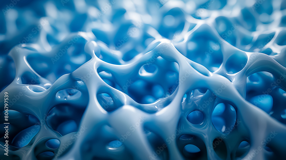 The image shows a close-up of a blue and white porous material. The ...