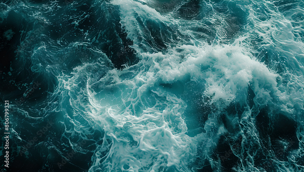 top view of sea blue water with white foam rolling in ocean, turbulent ...