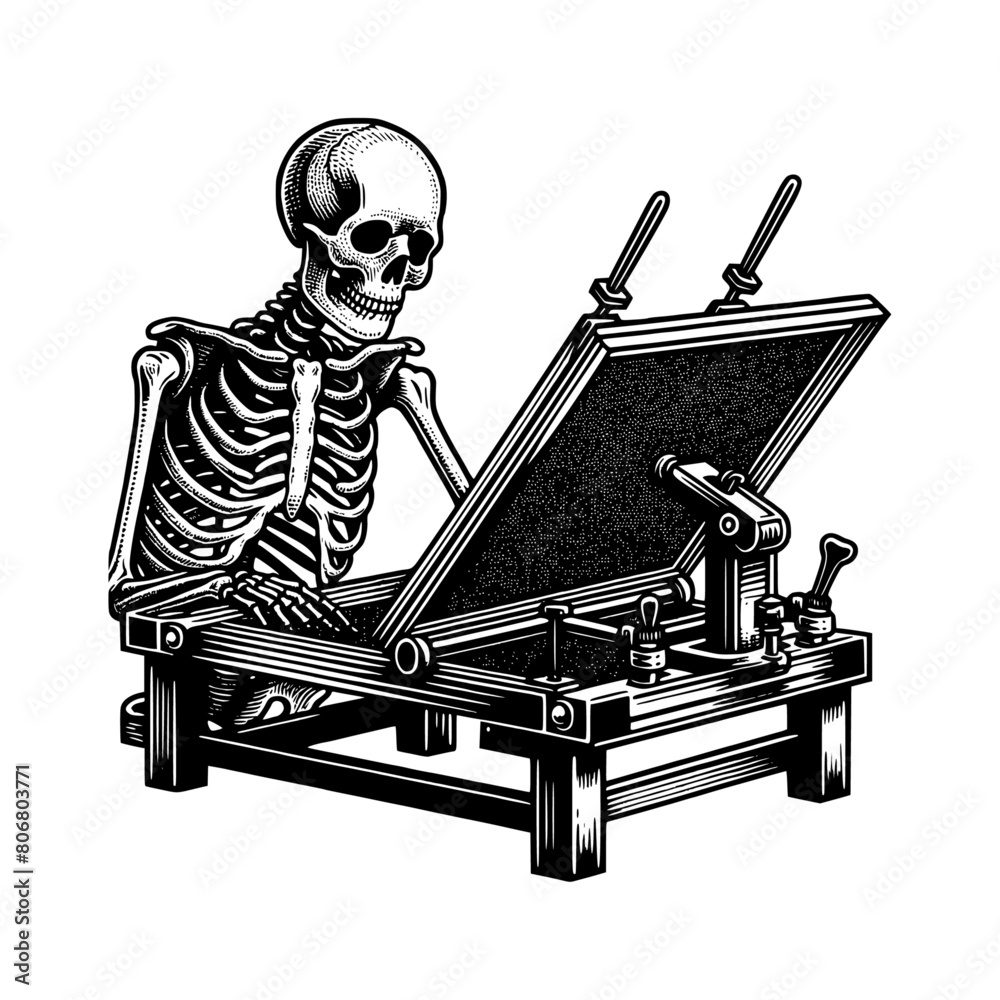 manual screen printing with skeleton Stock Vector | Adobe Stock