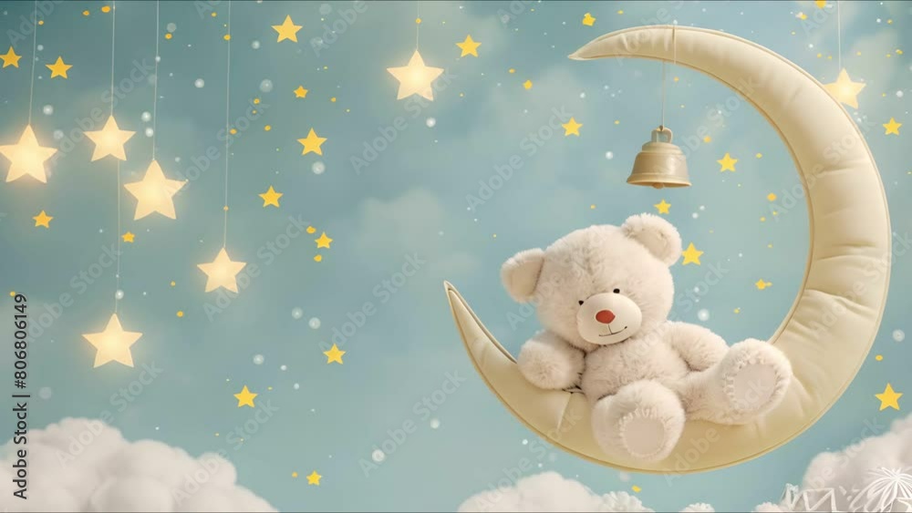 A cute teddy bear sleeping on a crescent moon. The background is a ...