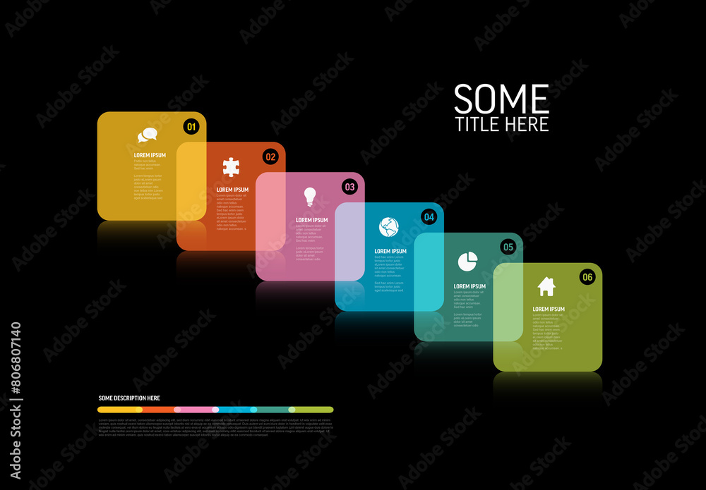 Six big semi transparent rounded rainbow square blocks for six steps ...