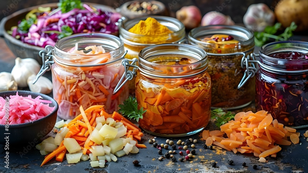 Vibrant exhibit of fermented foods in glass jars showcasing nutritious ...