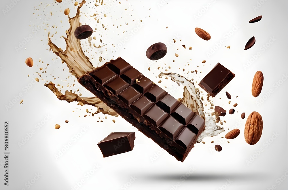 Chocolate bar wafer falling with choc flake in the air isolated on ...