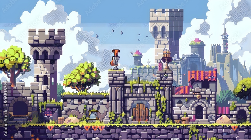 Retro Pixel Art Fantasy Sci-Fi Adventure World with Vibrant Blocky ...
