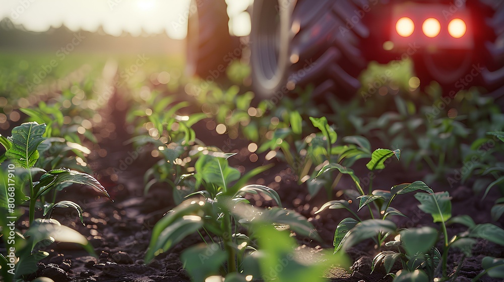 Smart Farming: Tractor with Digital Overlay in Field,Sunset over a farm ...