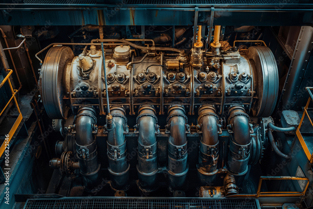 Top view of the ship's main engines inside the engine room Stock Photo ...
