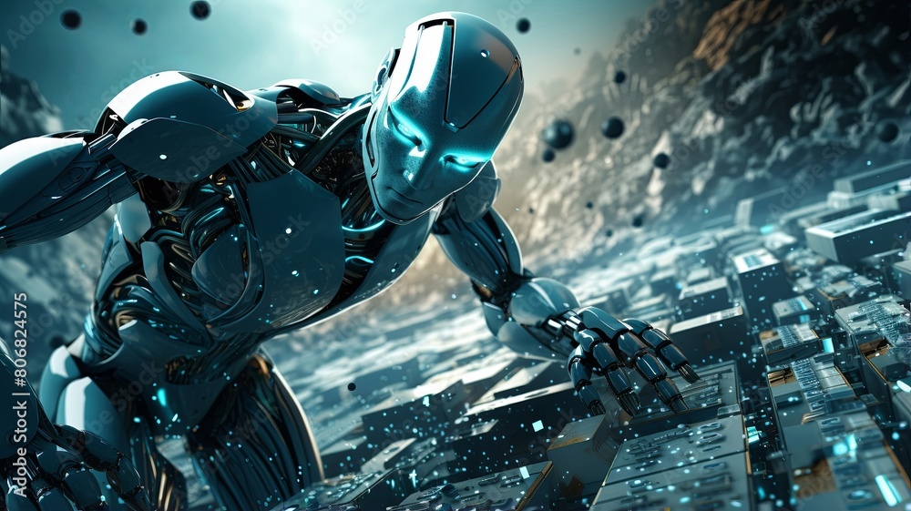 world of high-tech warfare as a formidable robot stands prepared for ...