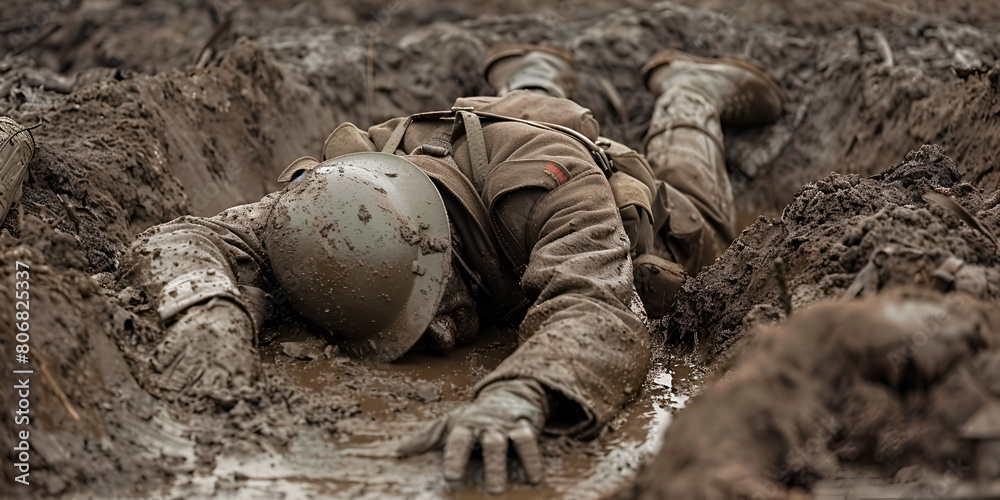 War Photography with Dead Soldier Lying Down in Mud, Battlefield Scene with Fallen Soldier in ...