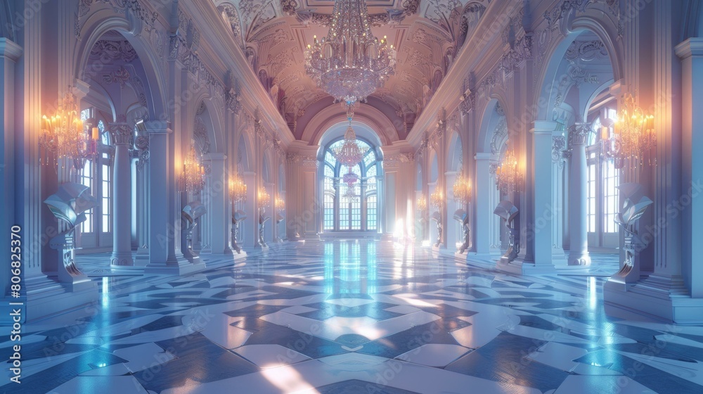 European-style palace hall with marble floor and crystal chandelier ...