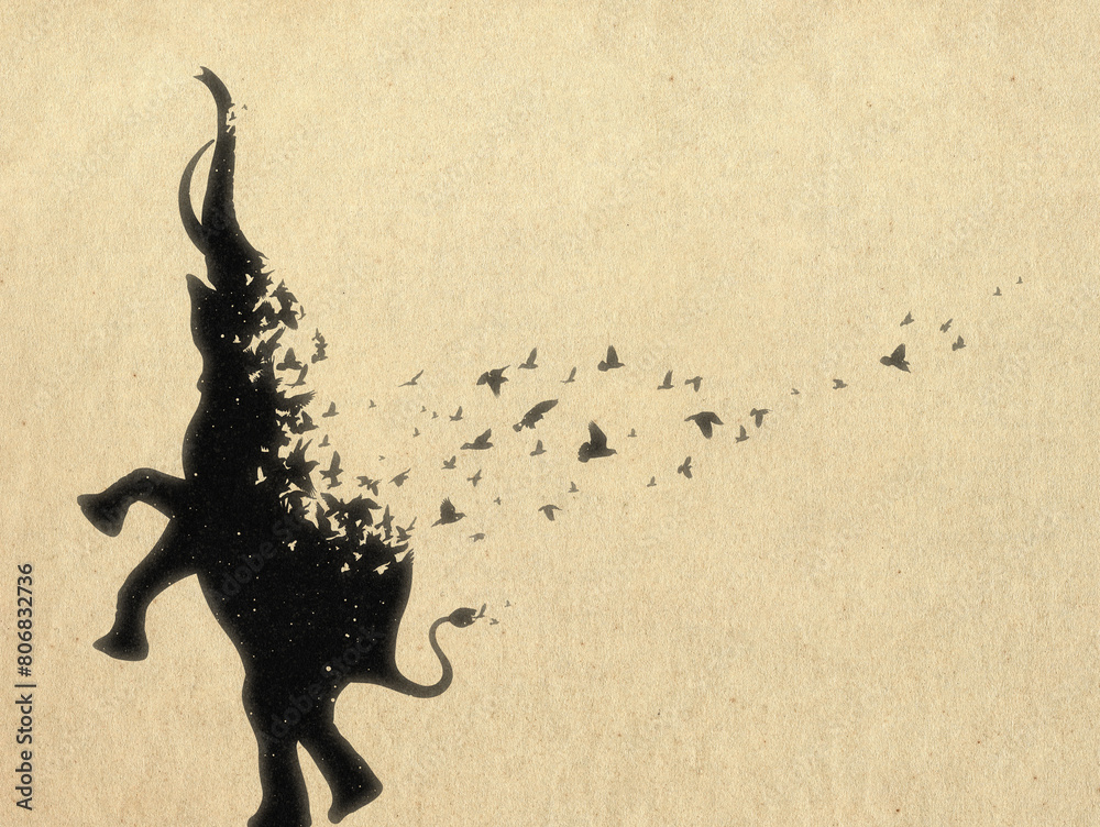 Standing elephant, flying birds. Endangered animal. Death, afterlife ...