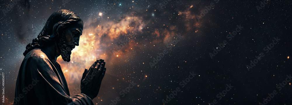 Jesus Christ praying with the Milky Way Galaxy stars in the night sky ...