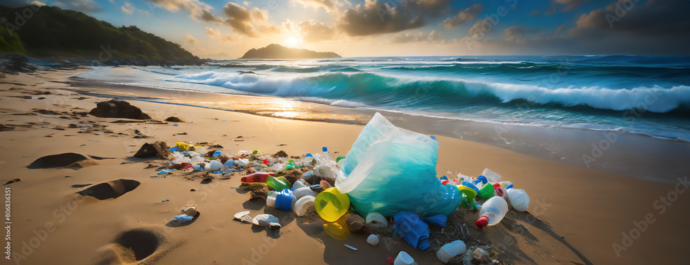 Morning sun highlights a polluted beach, exposing the environmental ...