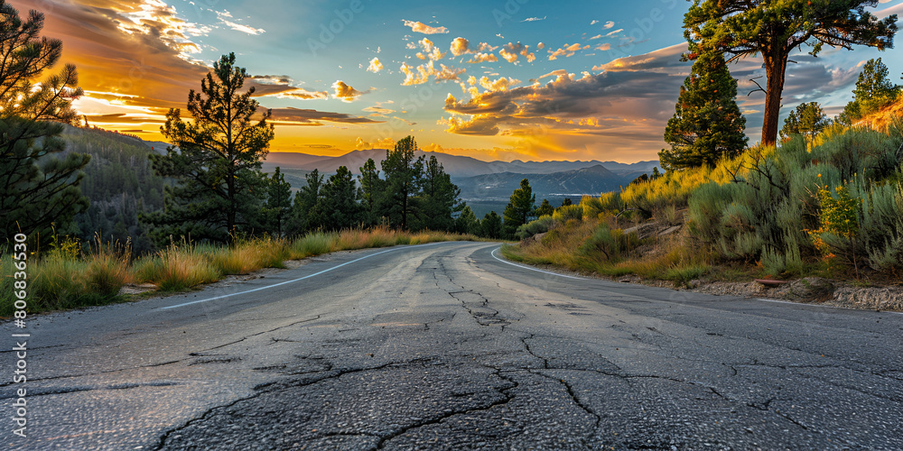 Low Level View of Empty Old Paved Road in MountainLow-Level View of ...