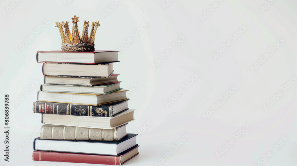 stack of books with a golden crown on top on a simple white background ...