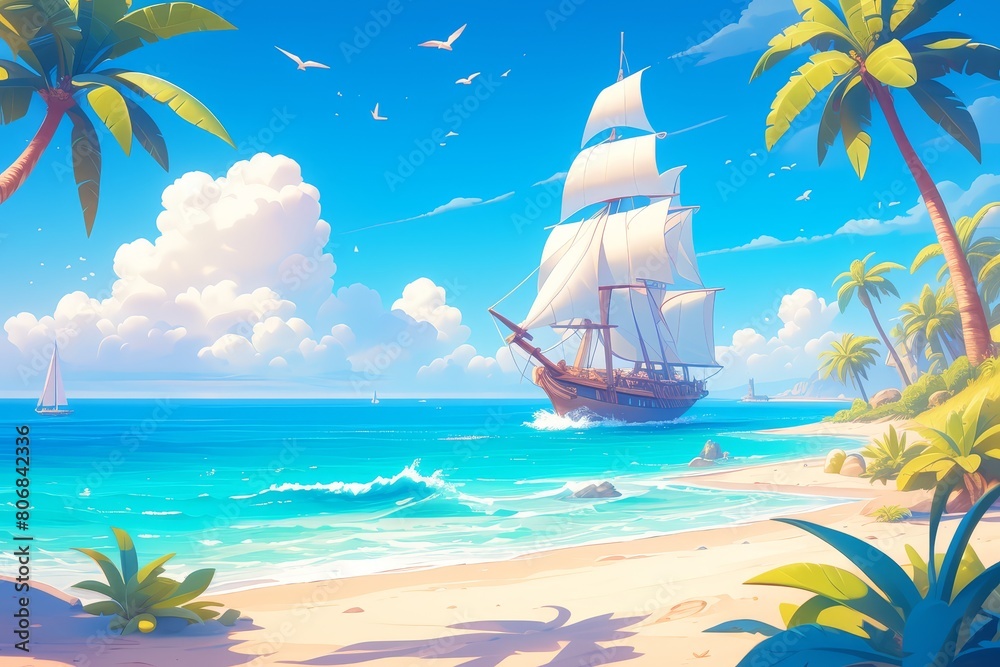 Cartoon background, pirate ship on the beach with tropical trees and ...