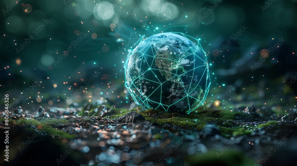 The image shows a glowing blue and green earth with a network of ...