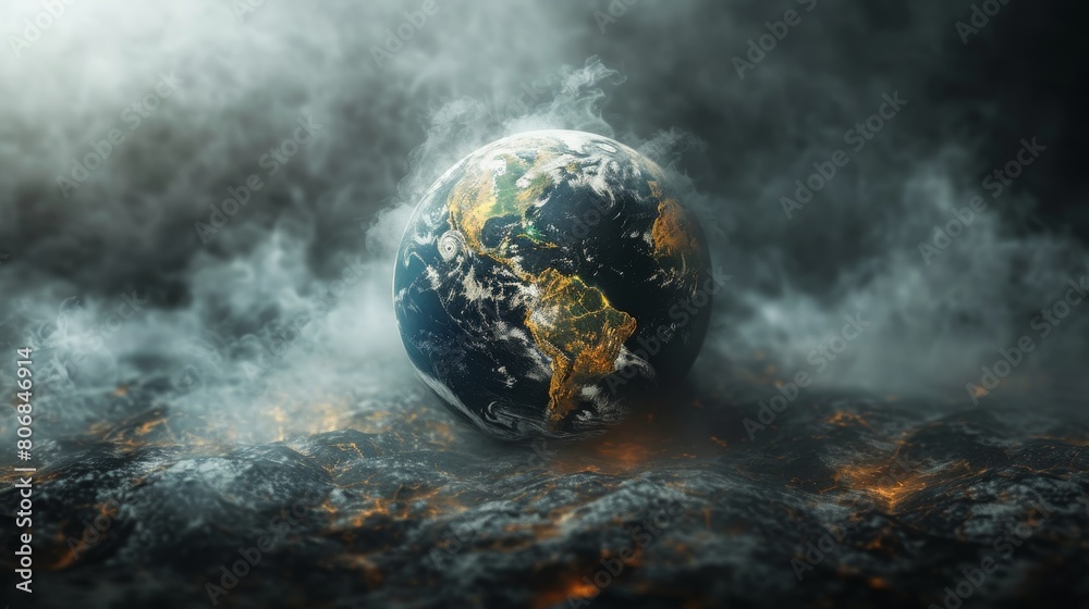 The image shows a planet on fire. The planet is surrounded by smoke and ...