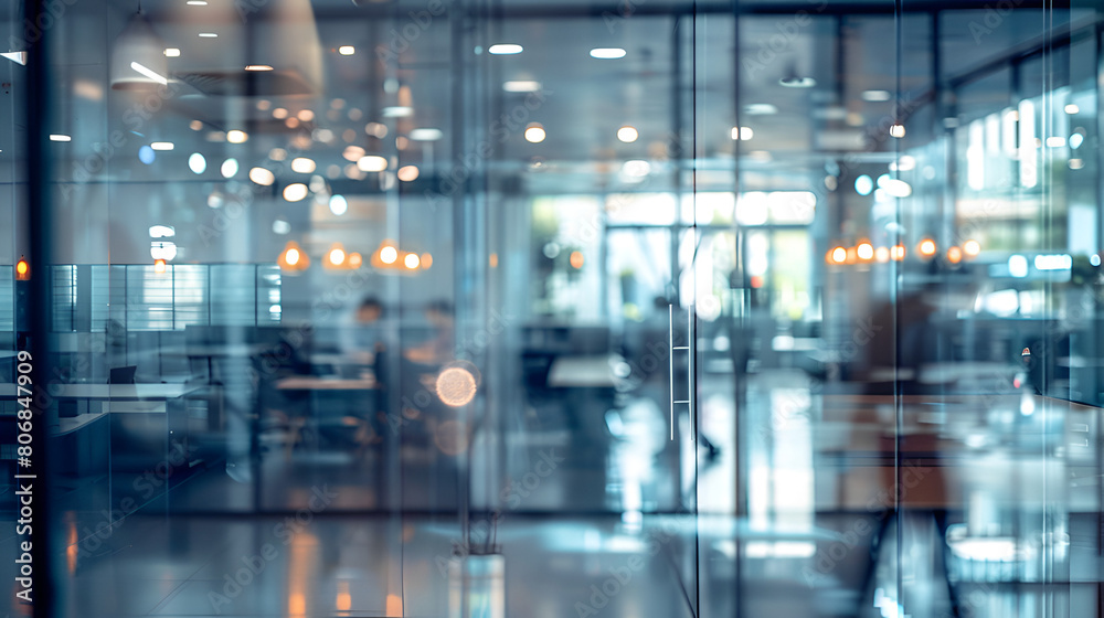 Blurred Office with People Working Behind Glass Windows, Modern ...