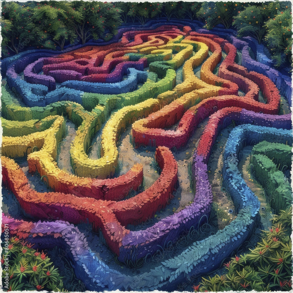 Elaborate corn maze designed in the pattern of the Pride flag, aerial ...