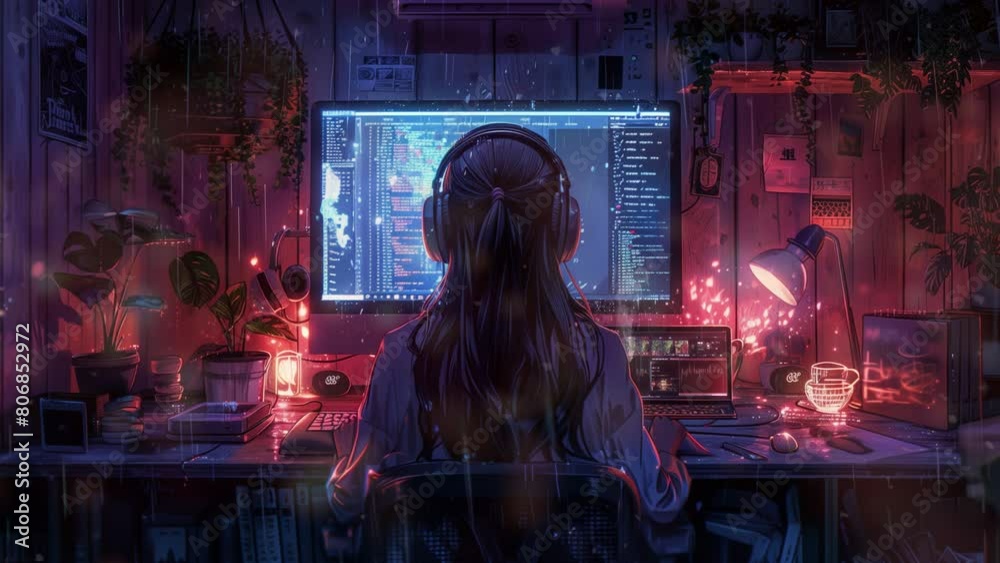 Synthwave lo-fi lofi girl like, seamless loop, anime manga girl, coding ...