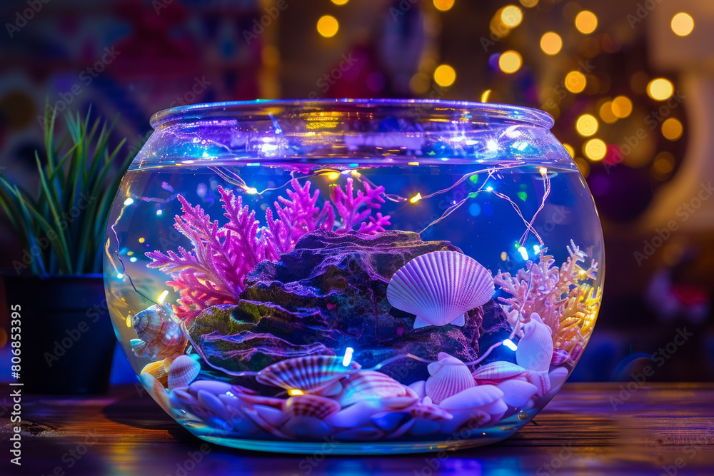 An underwater-themed scene with a glass bowl filled with water. Place ...