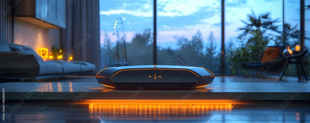 A sleek, highspeed router with a futuristic design, featuring glowing ...