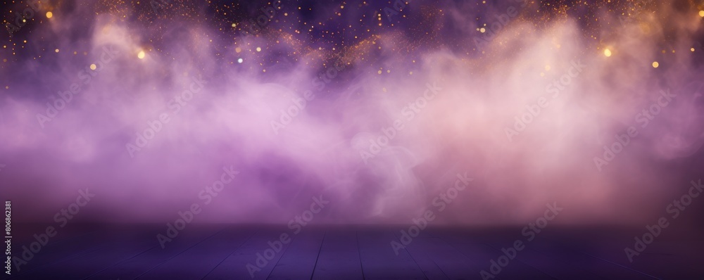 Violet smoke empty scene background with spotlights mist fog with gold ...
