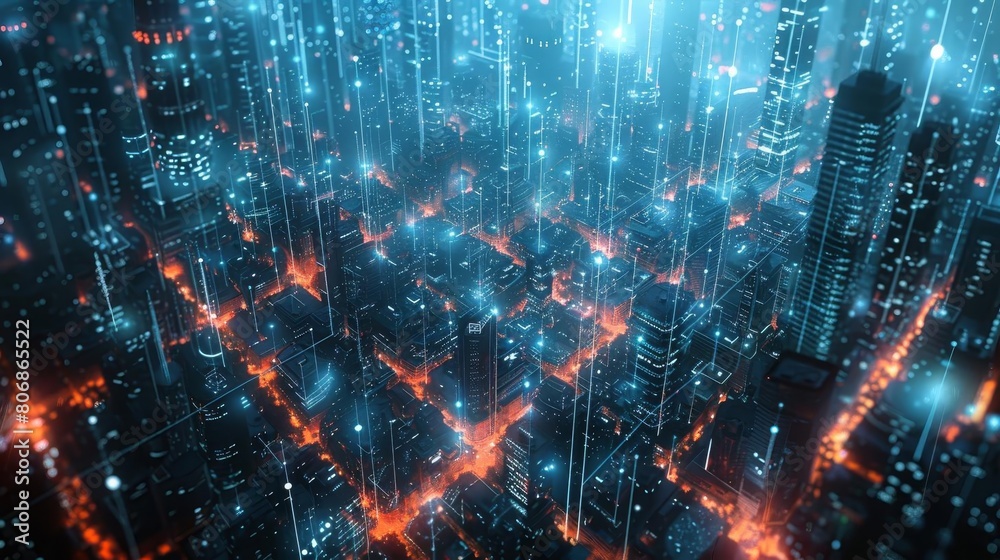 A dynamic graphic showing a network map overlaying a modern city, with ...