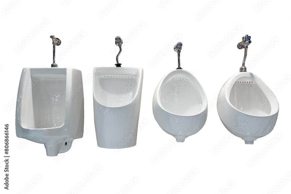 Foto de Exhibition of samples urina toilet bowls in a row isolated on ...