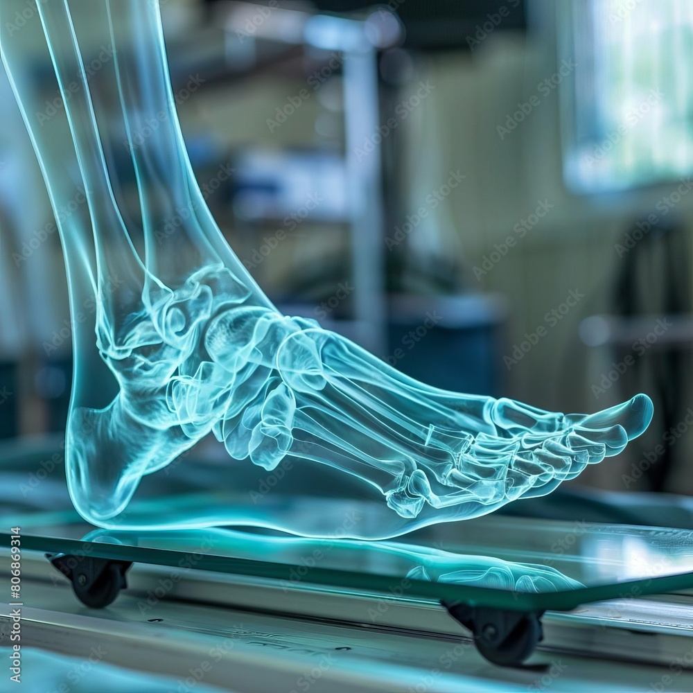 An X-ray of a foot, The bones are in blue and the rest of the foot is ...