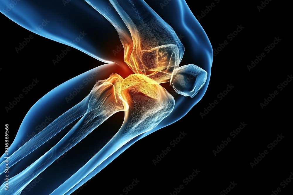 3D illustration of a knee joint with highlighted ligaments and tendons ...