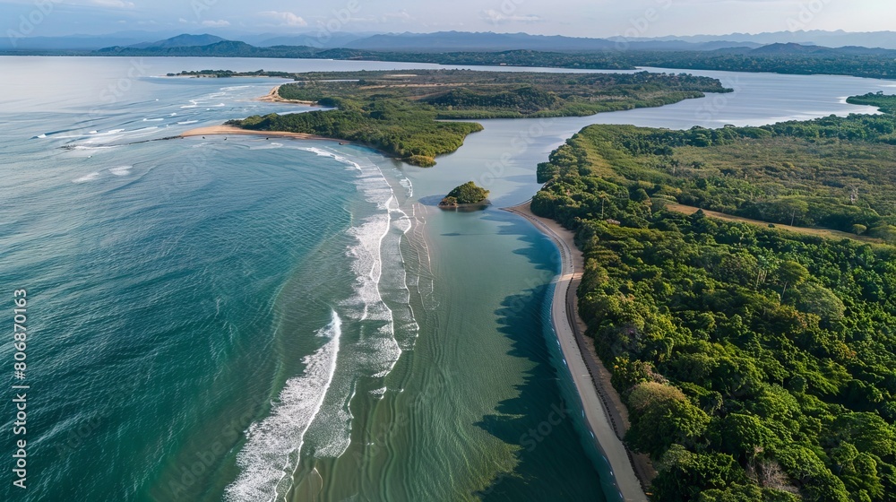 7h A semi aerial view of the long beach on the left side and lush ...