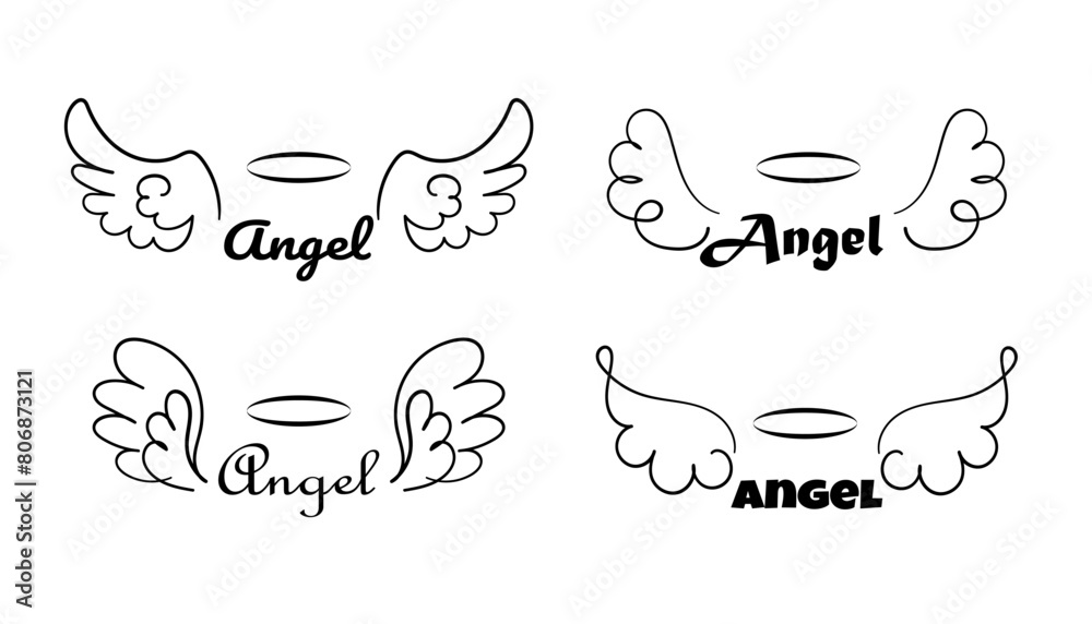 Angels Wings set with aureole. Doodle hand drawn logo. Wing and halo ...