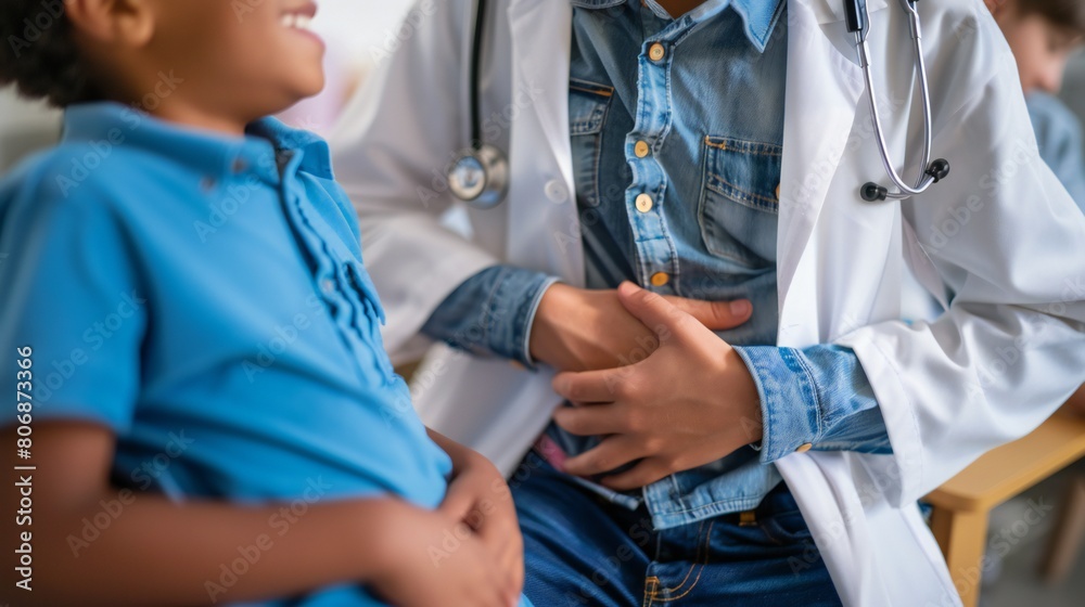 Doctor palpating child's abdomen for early detection and promotion of ...