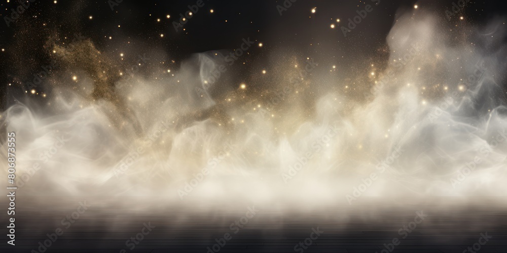White smoke empty scene background with spotlights mist fog with gold ...