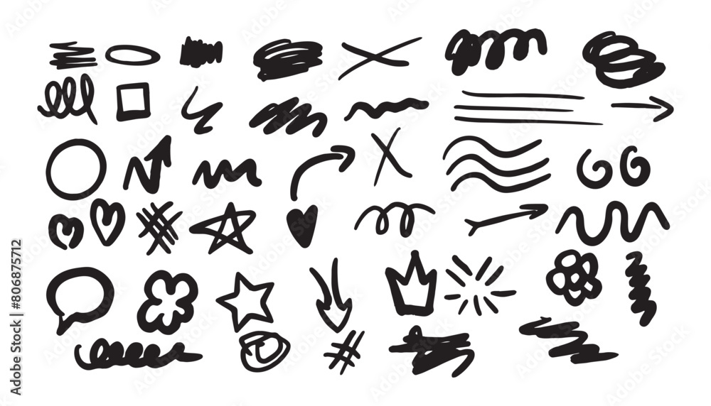 Hand drawn marker pen strokes doodle design elements, black on white ...