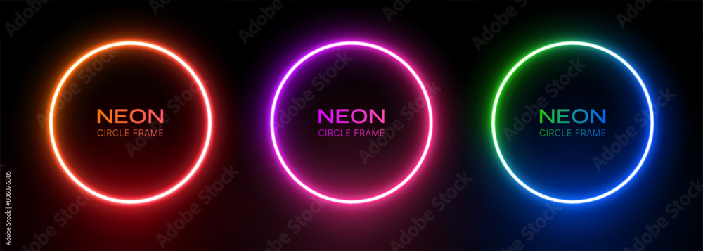 Neon round light. Circle frame with glow on a black background. Led ...