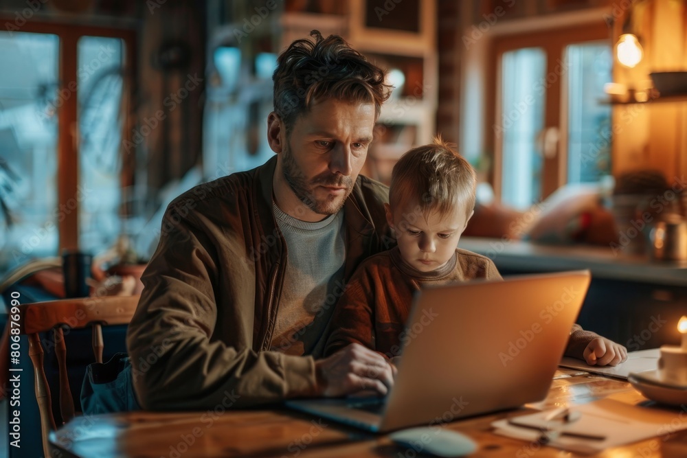 Multi-tasking freelance and fatherhood concept. Working single father ...