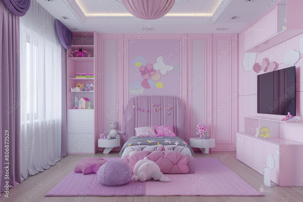 Pink-themed kids' room with cartoon clouds, cozy bed, and creative decor for a dreamy ambiance ...