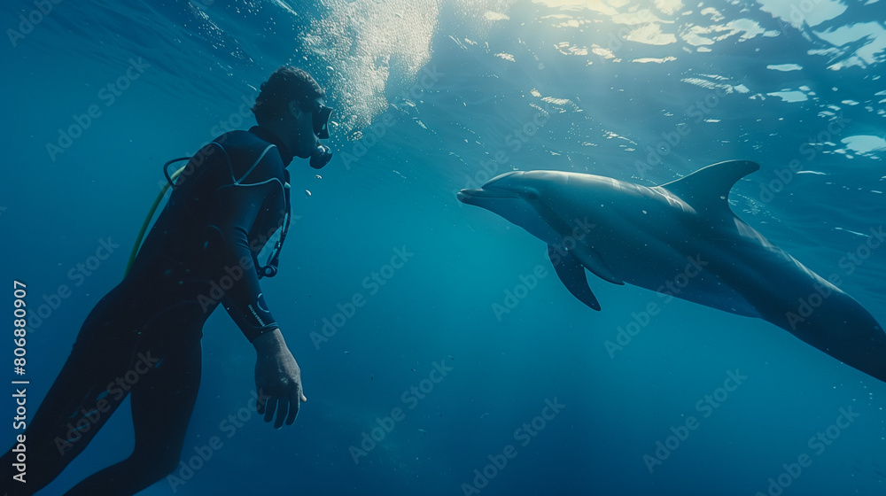 dolphin and diver. Person with a dolphin. Scuba diving with dolphins in ...