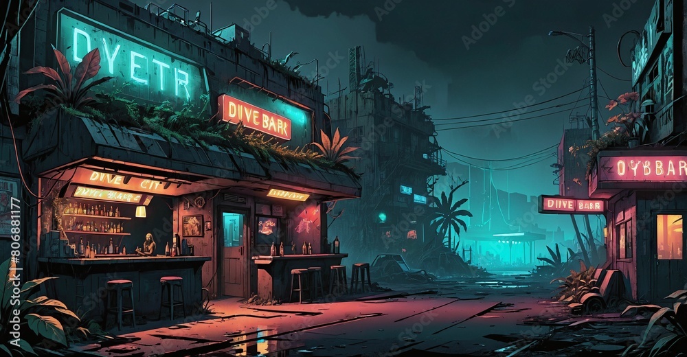 Gothic cyberpunk dystopian overgrowth city at night. Market district ...