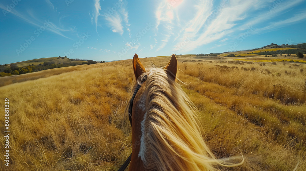 horse in the field. POV of riding a horse in a field. Point of view of ...