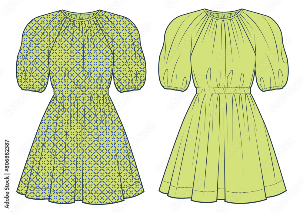 Puff Sleeve Dress technical fashion illustration. Mini Dress fashion ...