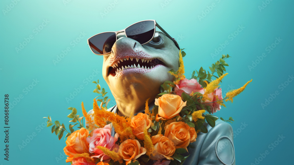 Anthropomorphic hyperrealistic cyberpunk smiling shark fish character ...