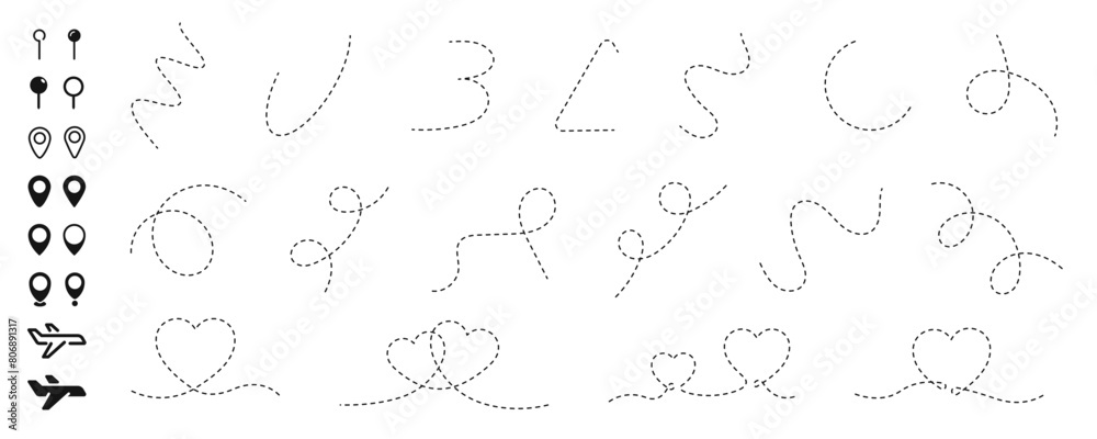 Line path. Dotted line path. Routes set. Dotted pathways. Airplane ...