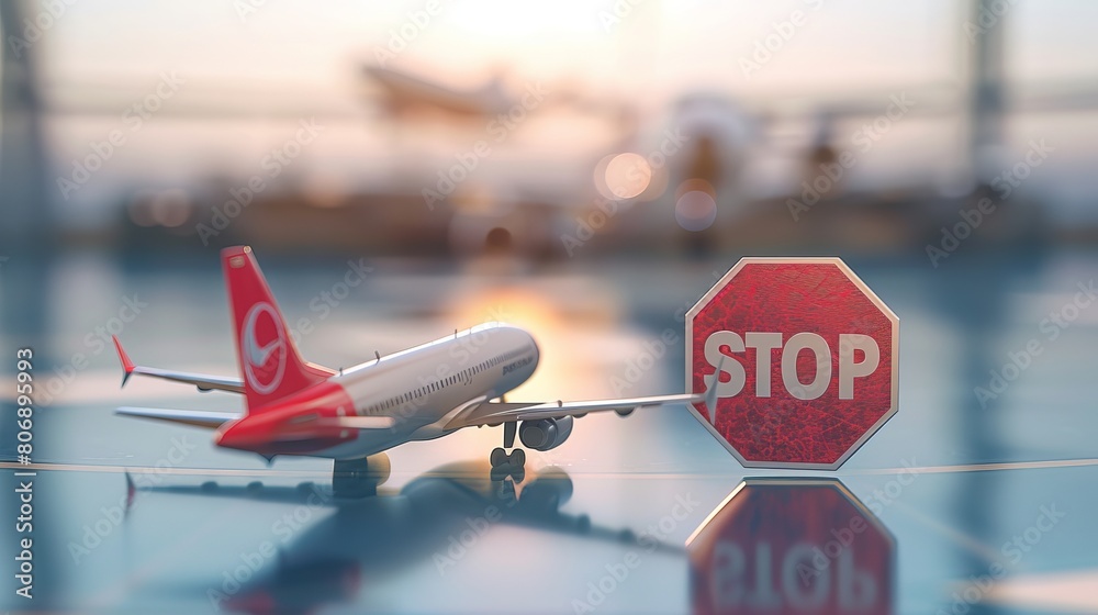 Toy aircraft and a stop symbol illustrating flight bans and restricted ...