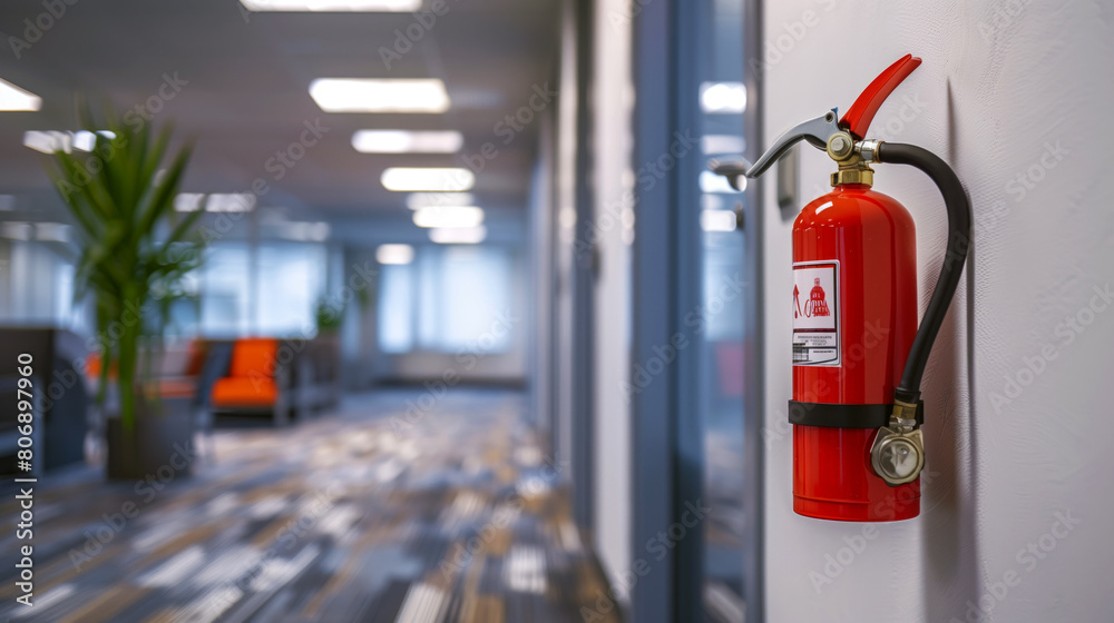 A modern office hallway featuring a red fire extinguisher mounted on a ...