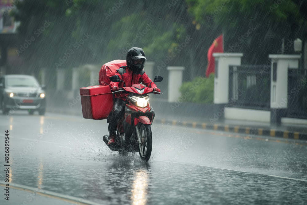 Courier riding scooter with fast delivery on city streets in rain ...