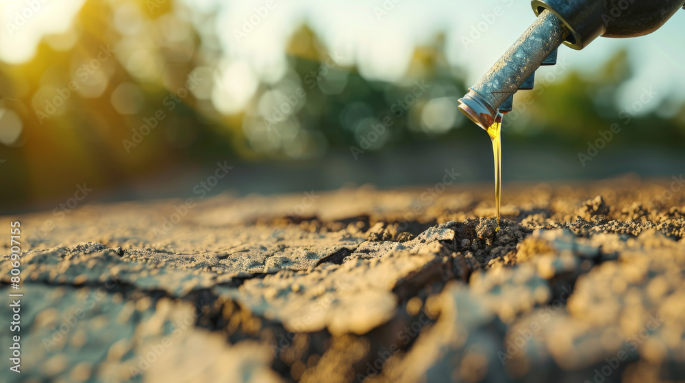 A cracked earth landscape with a fuel nozzle dripping oil into the soil ...