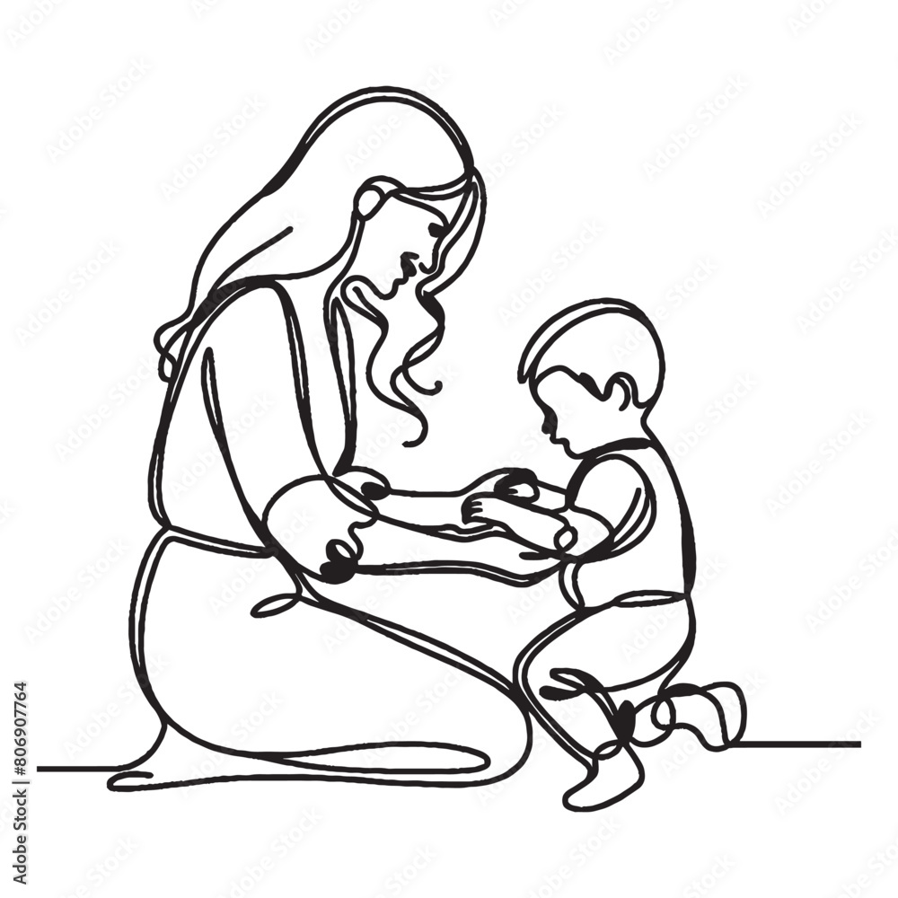 Happy mom with her little son in continuous line art drawing style ...